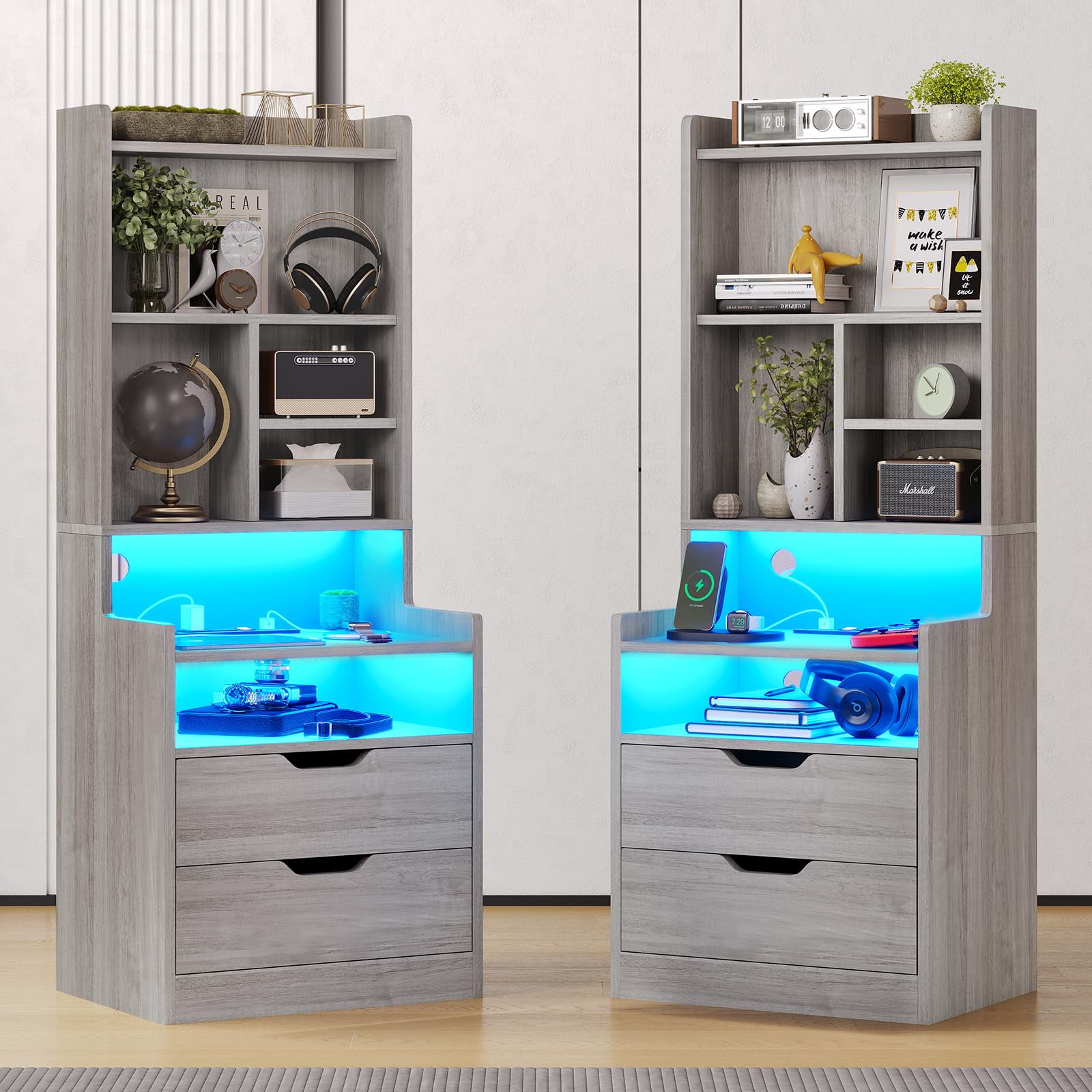 Afuhokles Tall Nightstand Set of 2 with Charging Station and LED Lights ...