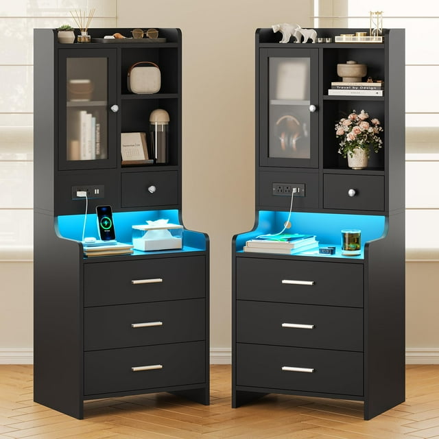 Afuhokles Black Nightstand Set with USB Ports & Outlets, 2 Tall Bedside ...