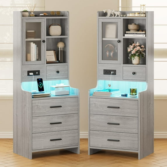 Afuhokles Modern LED Nightstand, 3 Drawers, Charging Station, Gray, 13 ...