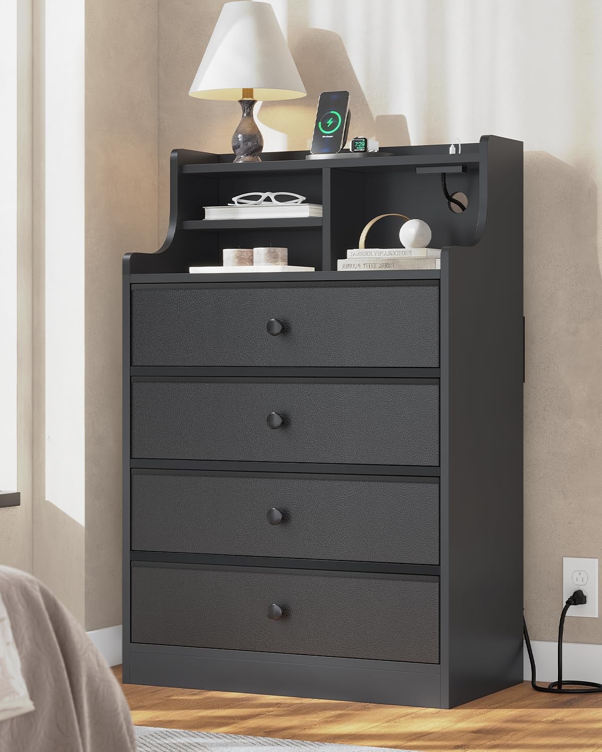 Afuhokles Tall Nightstand with Charging Station, 4 Drawer Dresser with ...