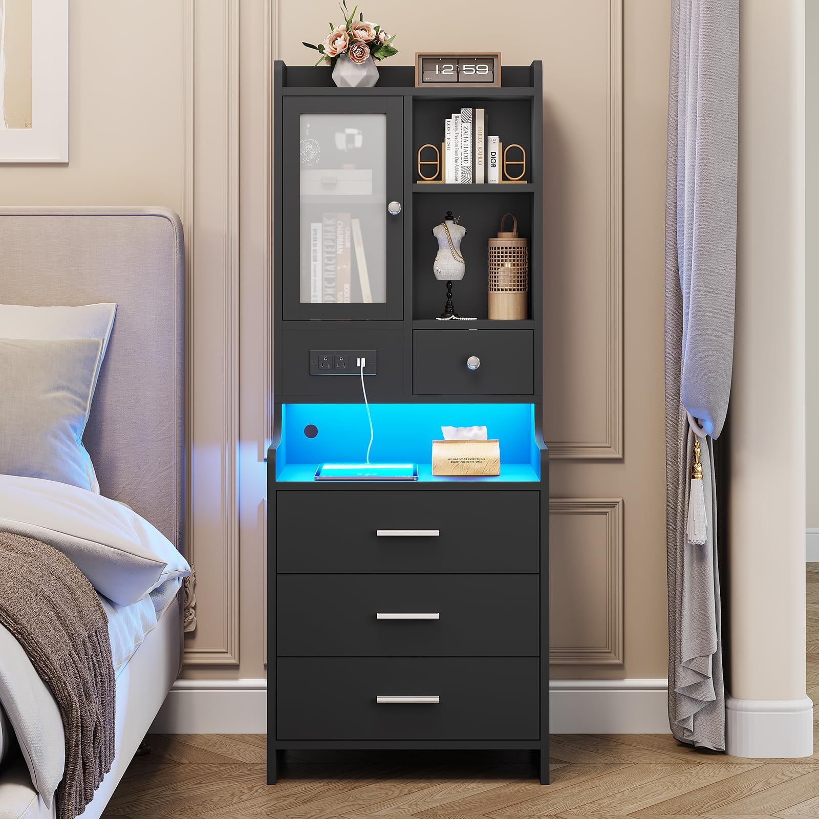 Afuhokles Tall Nightstand with Charging Station, Bedside Table with 4 ...