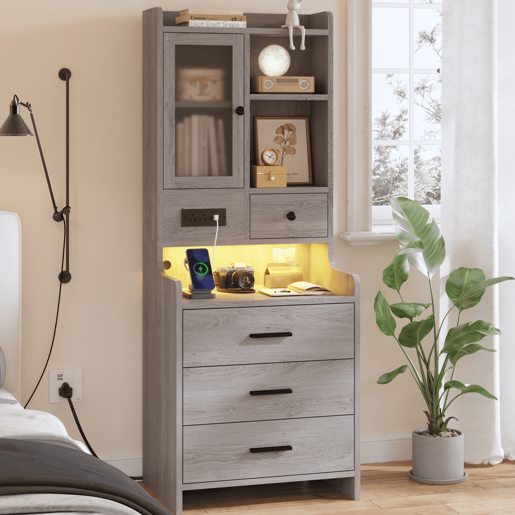 Afuhokles LED Nightstand with Charging Station, 4 Drawers, Bookshelf ...