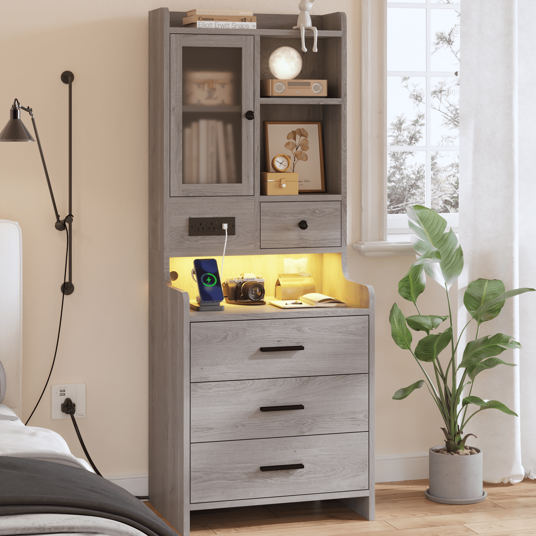 Afuhokles LED Nightstand with Charging Station, 4 Drawers, Bookshelf ...