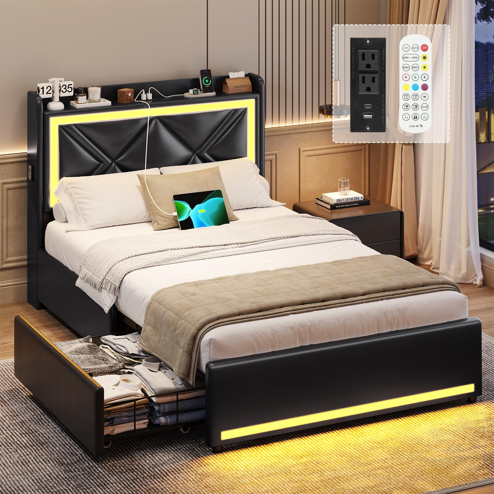 Afuhokles Twin Bed Frame with LED Lights Headboard and USB-C/A Charging ...