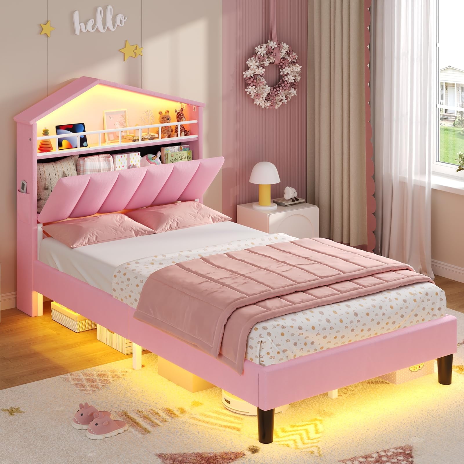 Afuhokles Twin Bed with LED Lights, Velvet Platform Bed with House ...