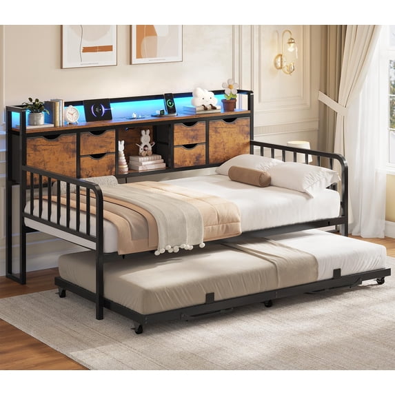 Afuhokles Twin Daybed with Trundle and Storage Headboard, Charging ...