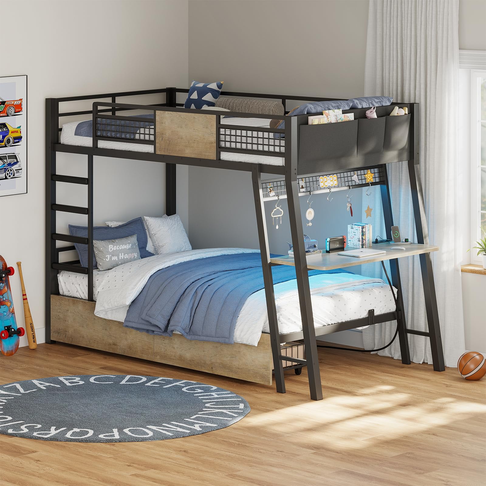 Afuhokles Twin Over Twin Bunk Bed with Desk, Metal Bunk Beds with Power ...