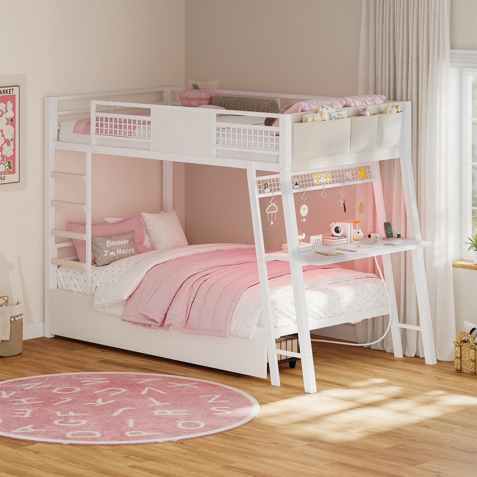 Afuhokles Twin Over Twin Bunk Bed with Desk, Metal Bunk Beds with Power ...