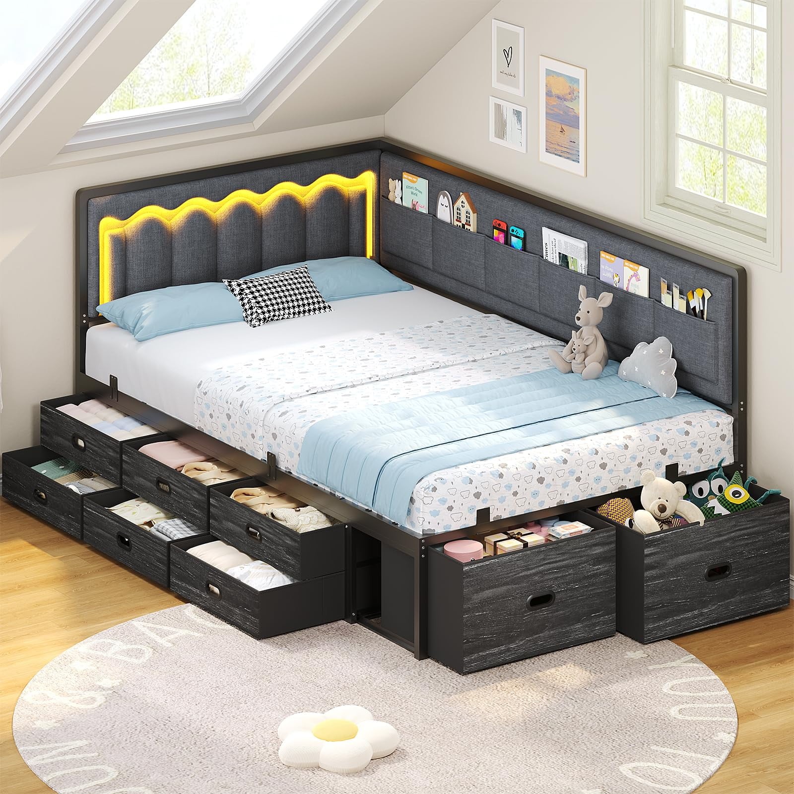 Afuhokles Twin Size Daybed, Corner Bed Frame With 8 Drawers, 6 Storage ...