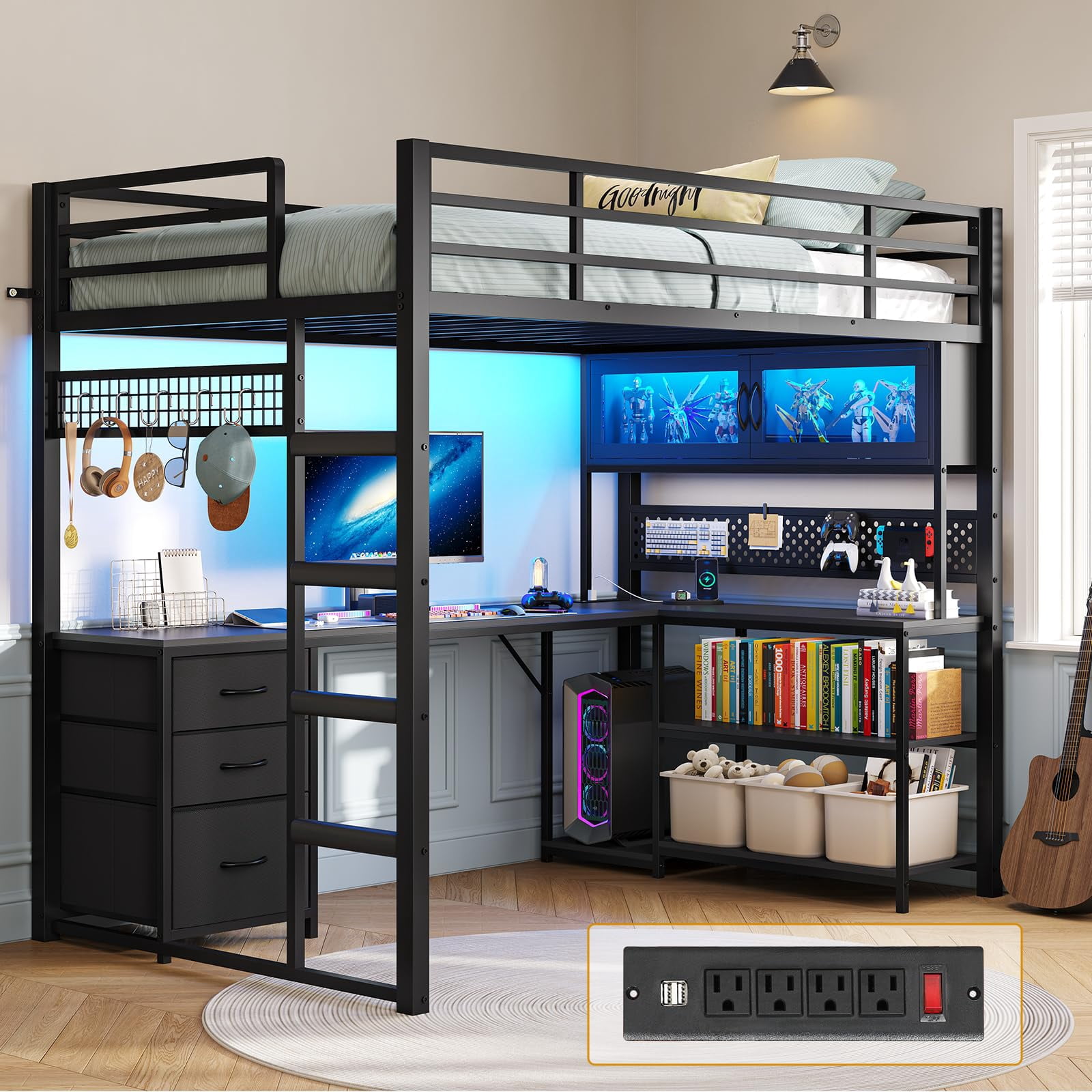 Afuhokles Twin Size Loft Bed with L-Shaped Gaming Desk, Hutch and ...