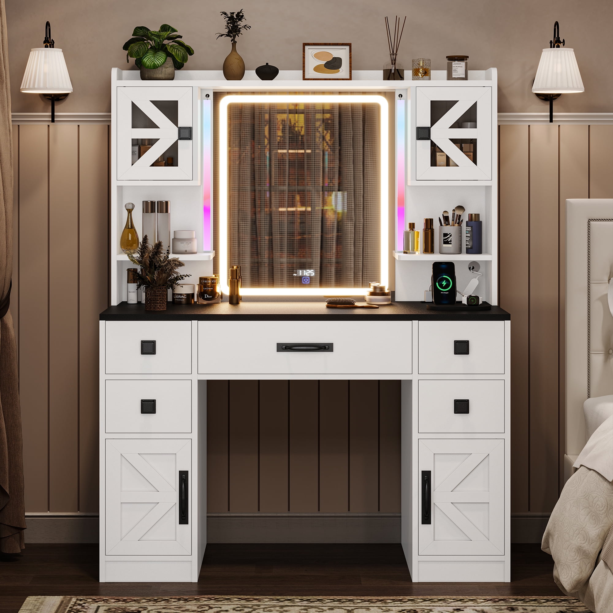Afuhokles Vanity Desk with RGB Light Bars and Charging Station ...