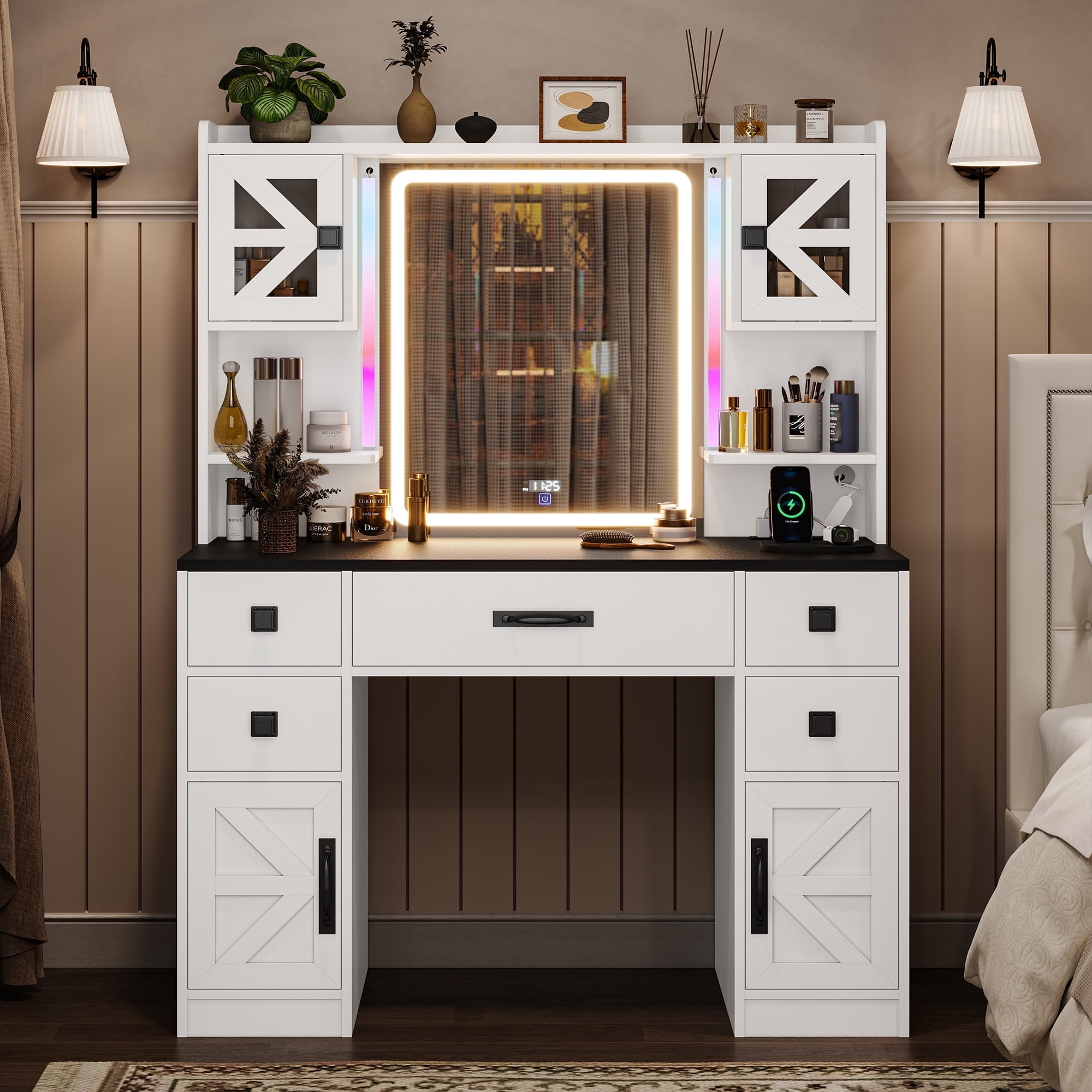 Afuhokles Farmhouse Vanity Desk with RGB Light Bars and Charging ...