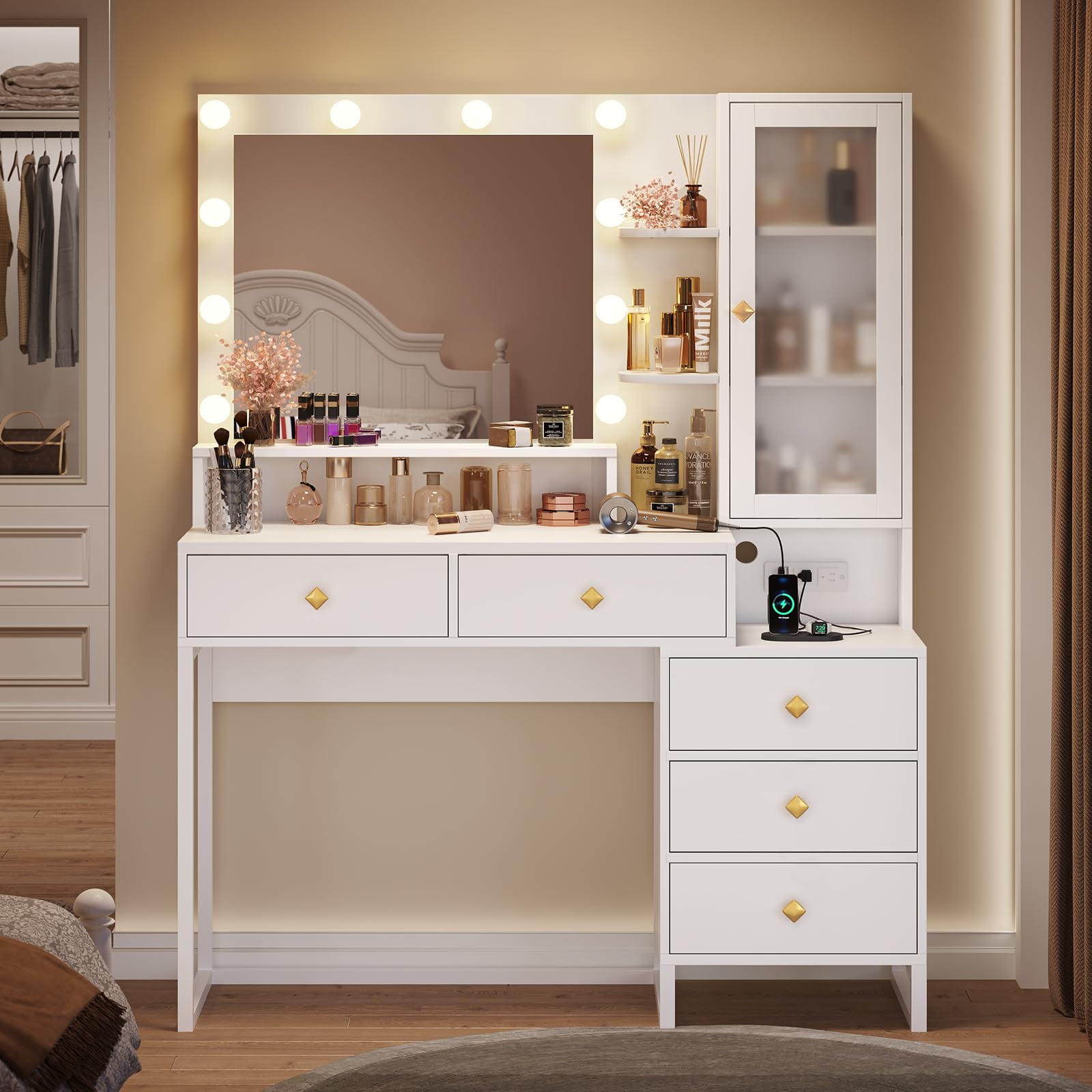 Afuhokles White Vanity Table with Lighted Mirror, Charging Station, 10 ...