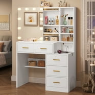 VEANERWOOD Corner Vanity Desk with Lighted Mirror & Charging Station ...