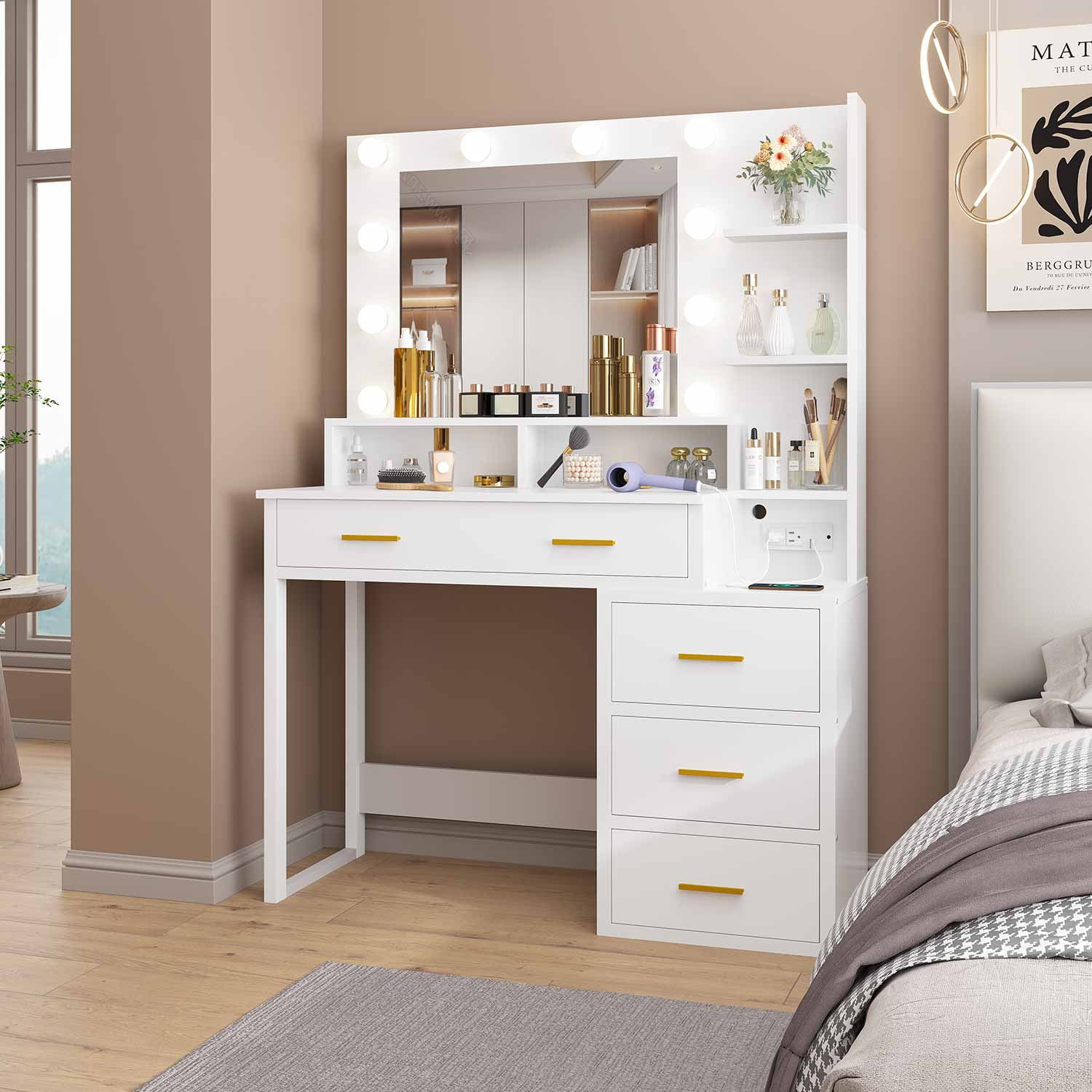 Free Shipping! Afuhokles White Vanity with 10 Light Bulbs, Modern ...