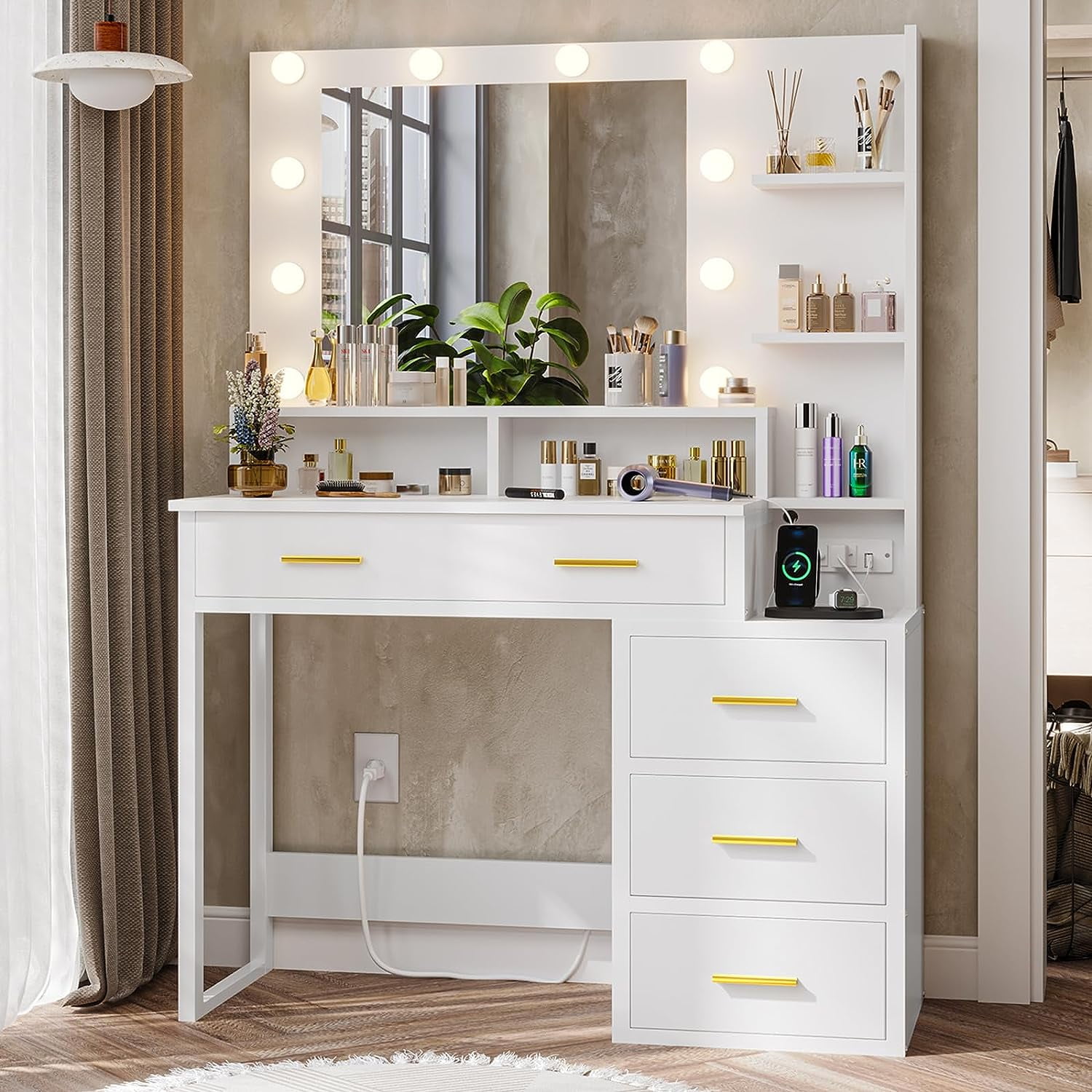 Afuhokles White Vanity with 10 Light Bulbs, Modern Vanity Desk with ...