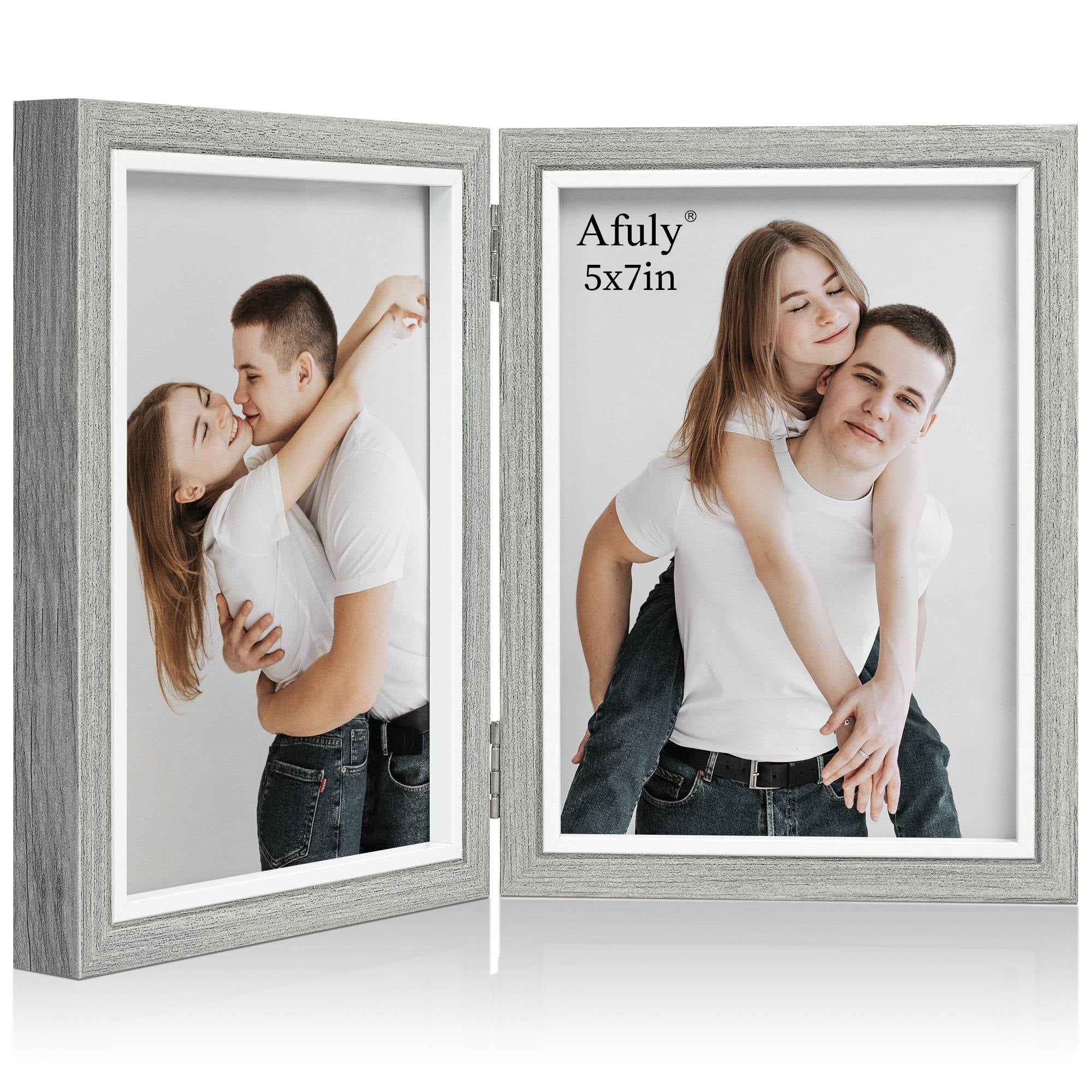 Afuly Double Wooden Hinged Picture Frame 5x7, Gray White, 2 Openings ...