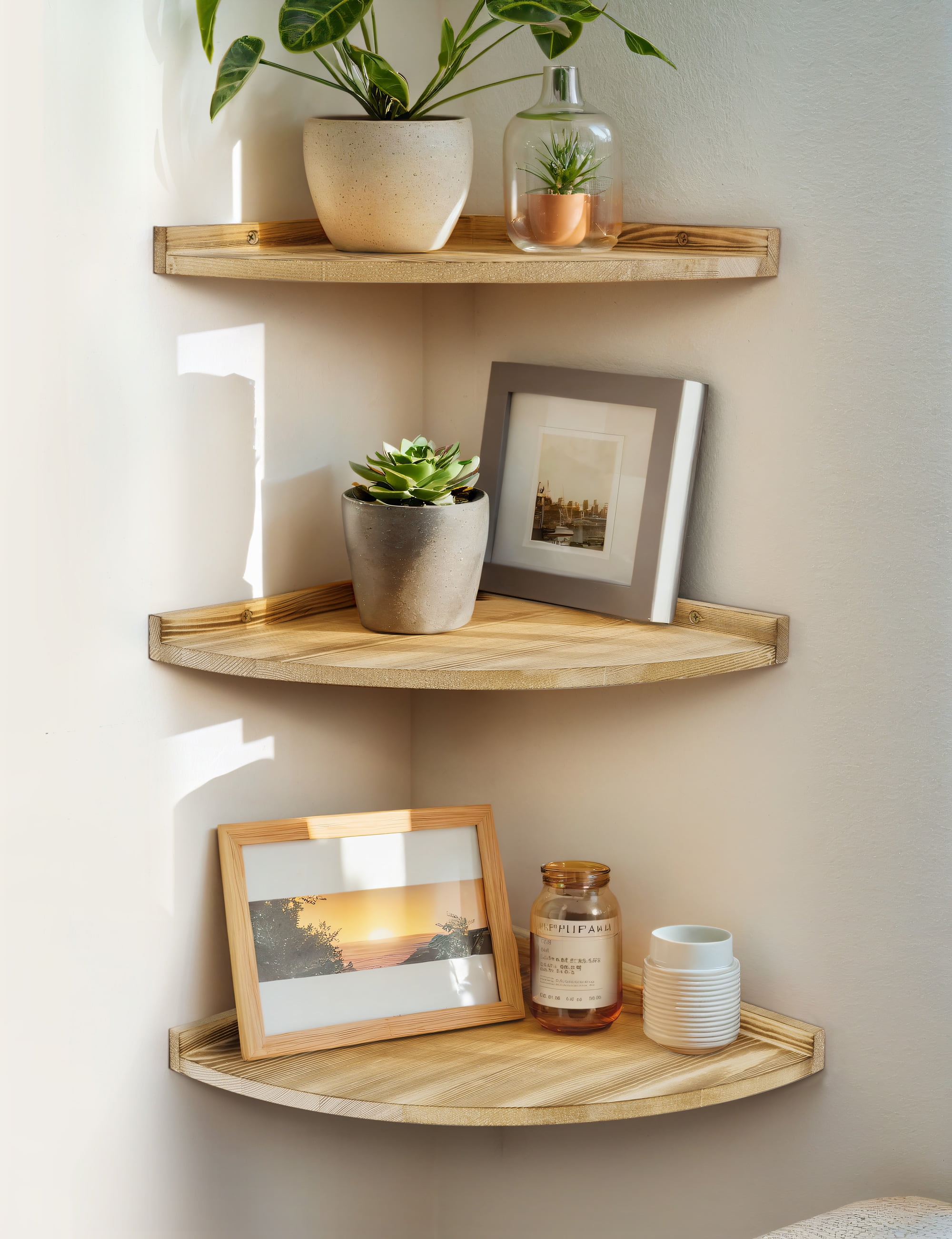 Afuly Floating Corner Shelves for Wall, Rustic Solid Brown Wood Wall ...