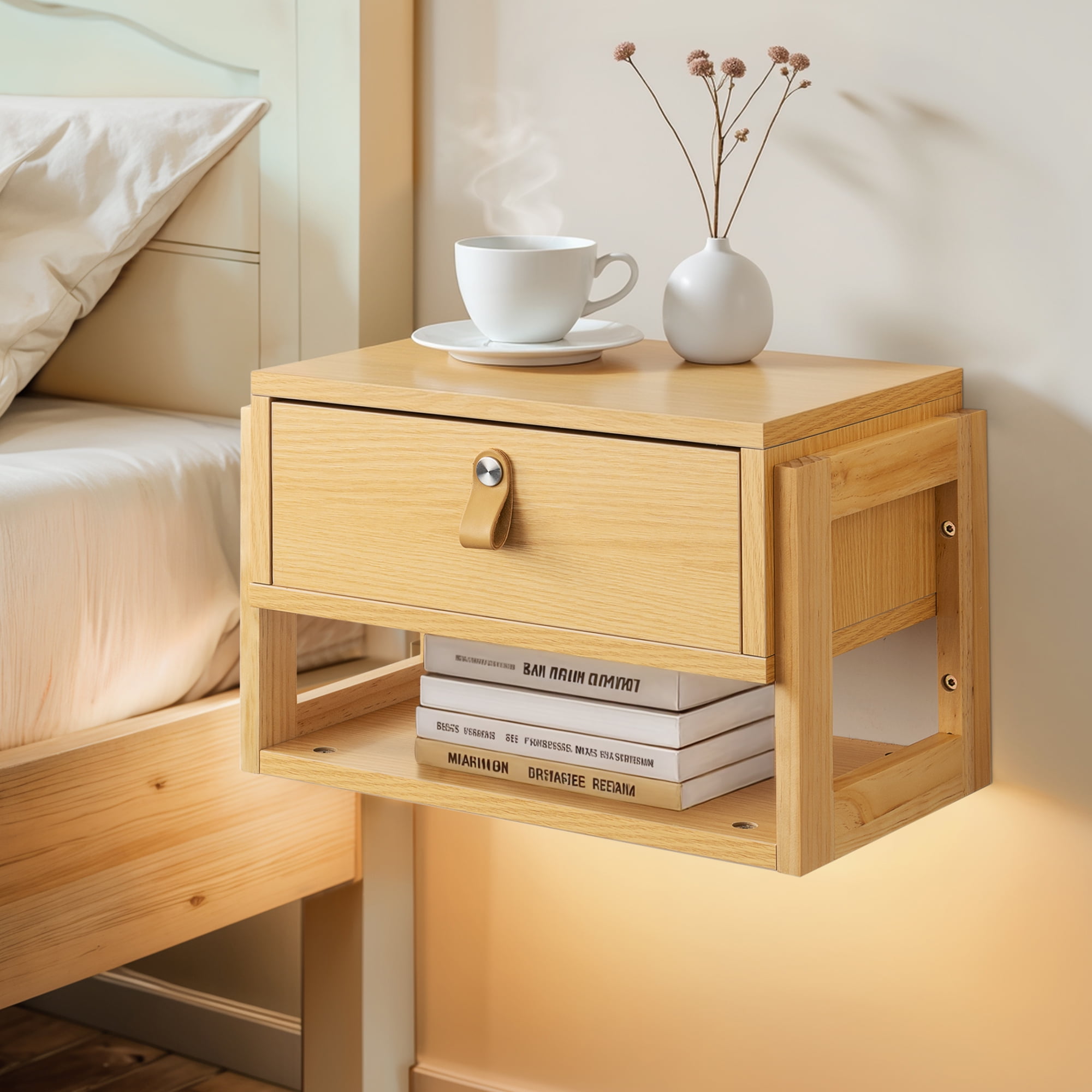 Afuly Floating Nightstand with LED Light Strips, Modern Night Stand ...