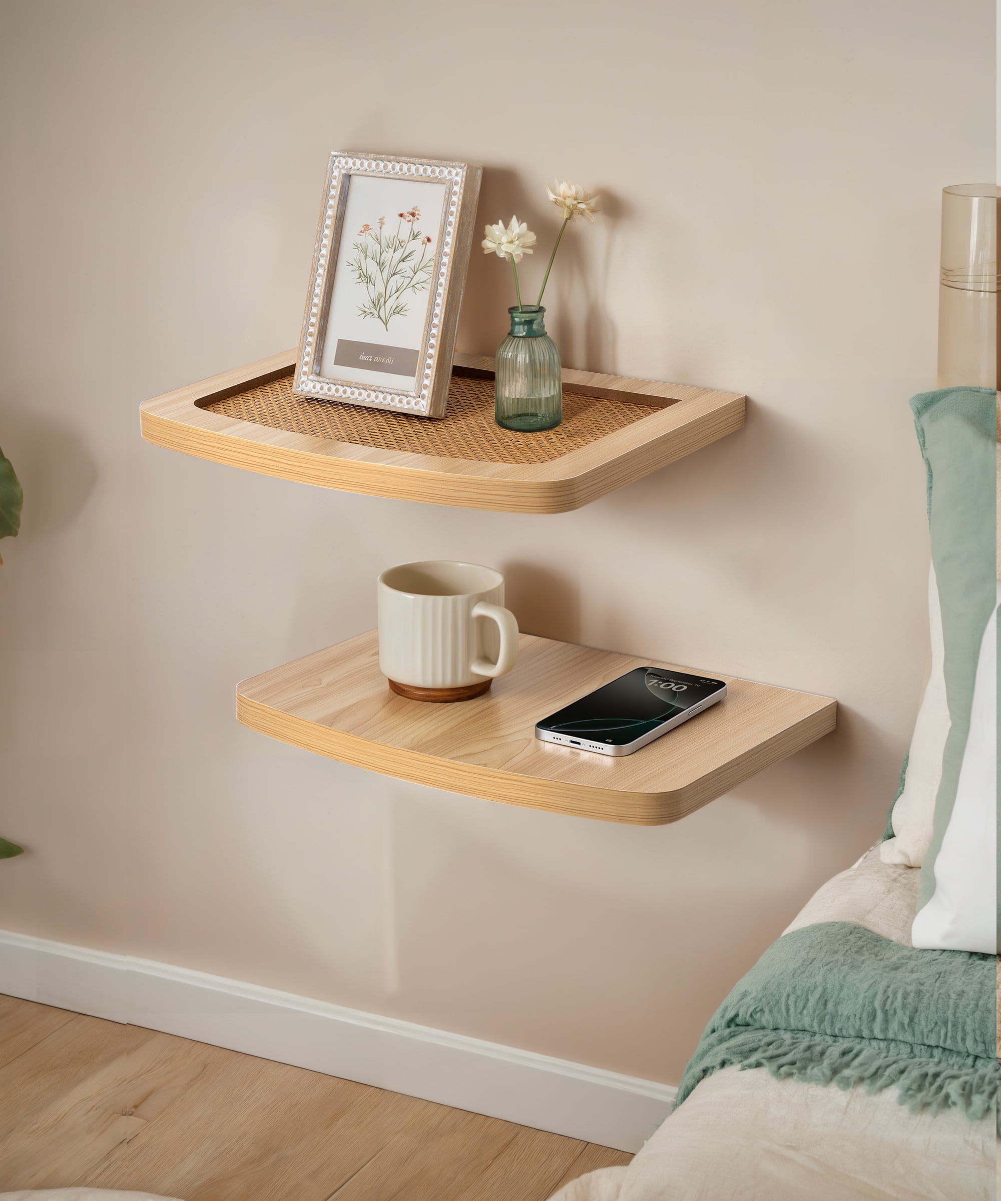 Afuly Floating Nightstand Set of 2, Natural wood Floating Shelves, Boho ...