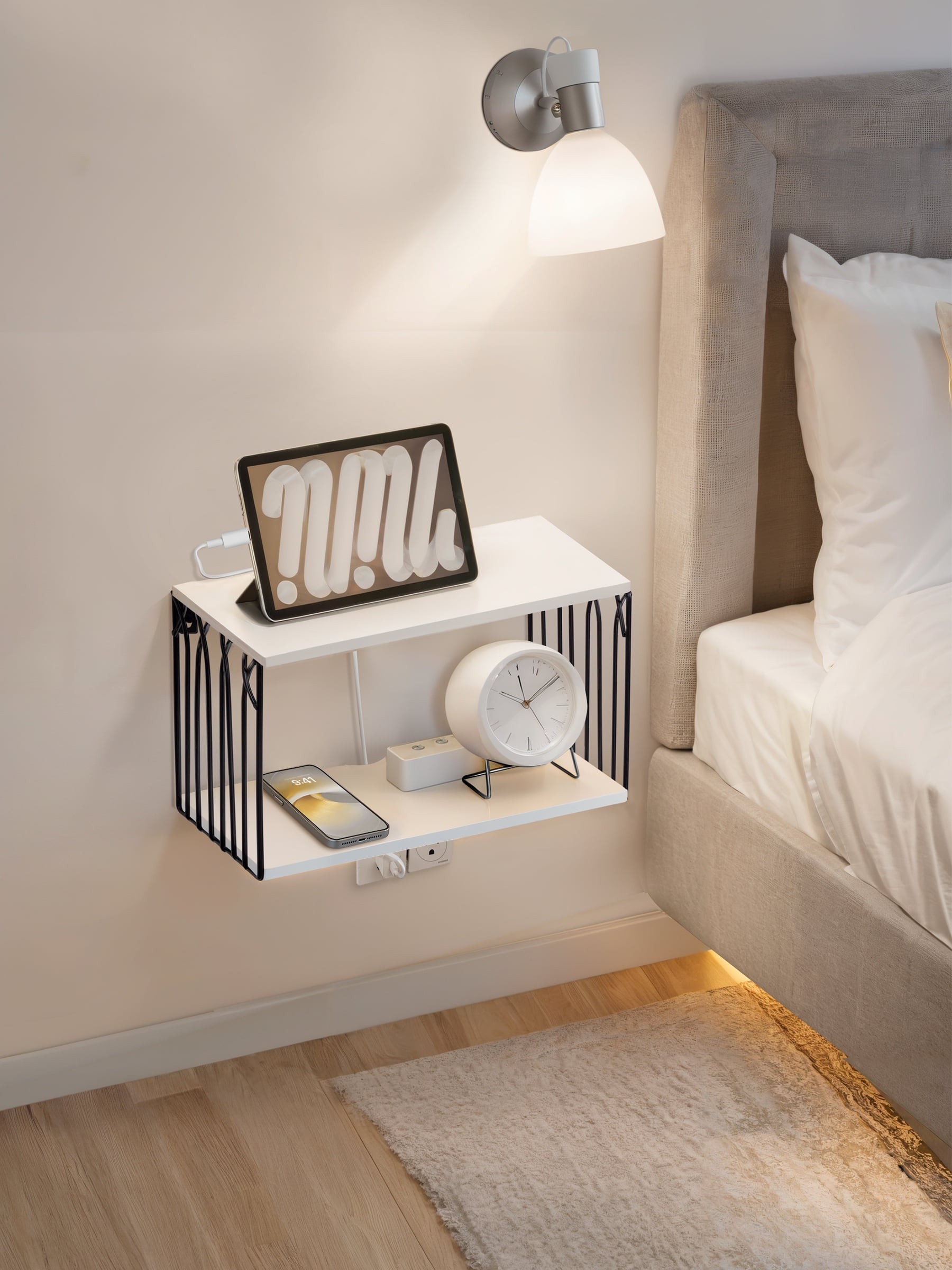 Afuly White Black Floating Nightstand with Cable Hole, Small Wall ...