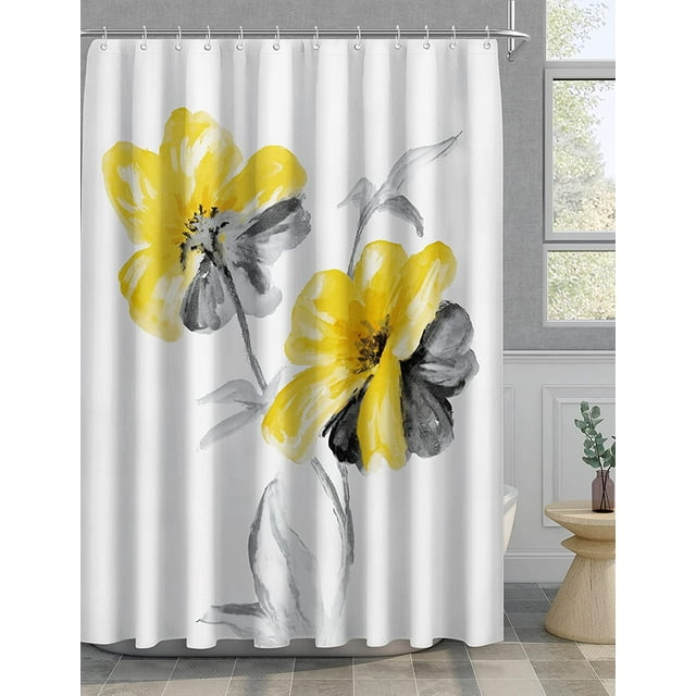 Afuly 72x72 inch Yellow Floral Shower Curtain Set, Grey Fabric, Boho ...