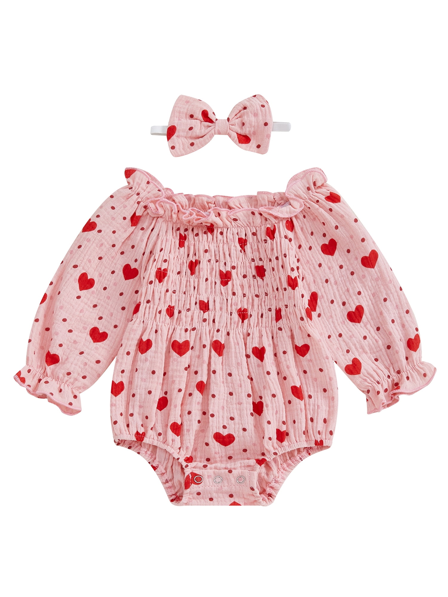 Afunbaby 0-18M Baby Girls Romper Heart Print Long Sleeve Jumpsuits and Cute Headband Set for ...