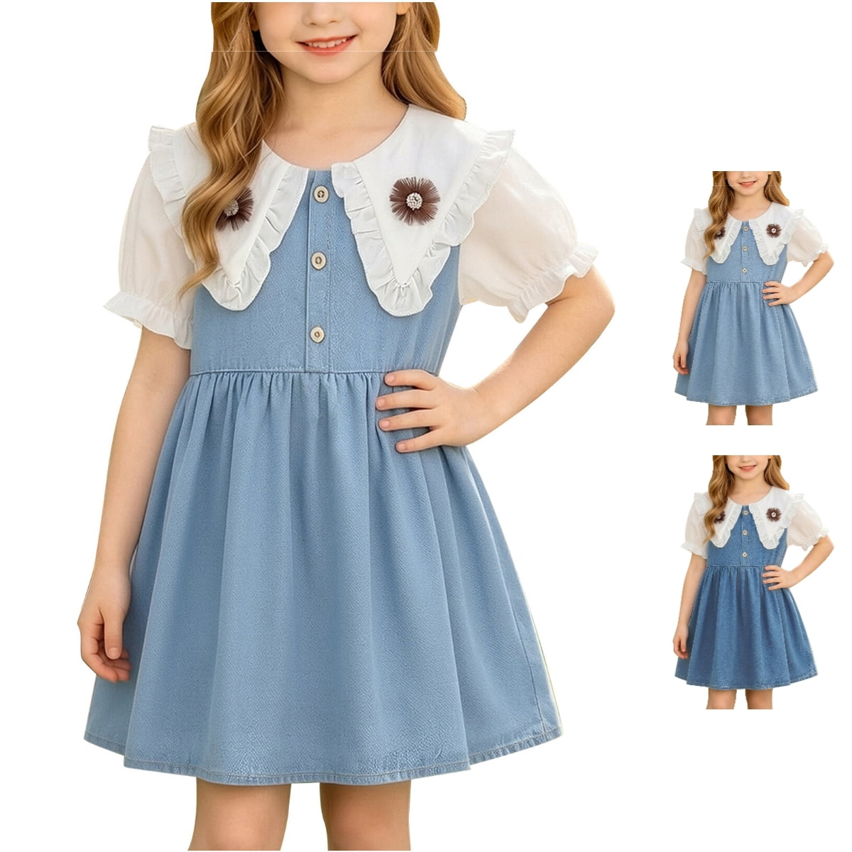 Afuyipoi Baby Girls Sweet Flower Ruffle Denim Dress (6 Months-4 Years ...