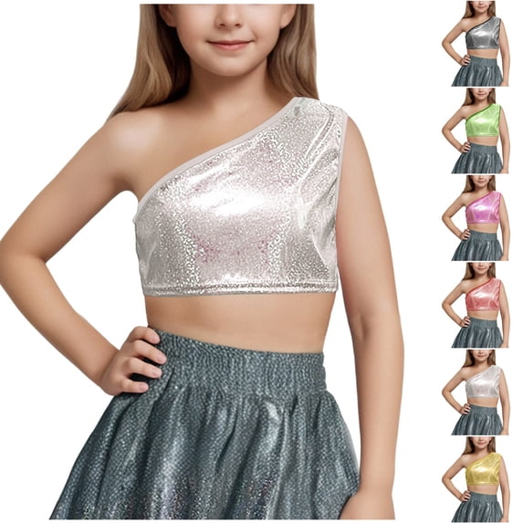 Afuyipoi Big Girls Shiny Sequined One Shoulder Tank Top (3-16 Years ...