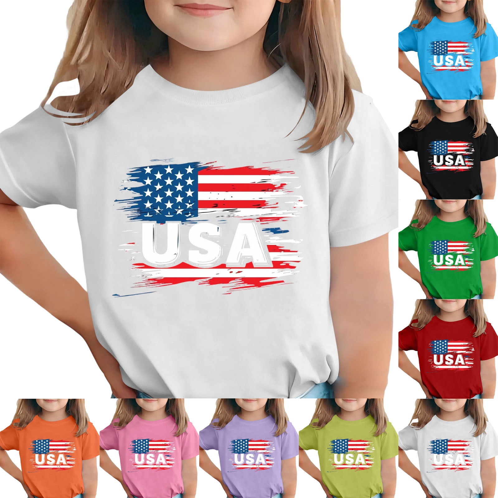 Afuyipoi Girls Graphic T-Shirt （for 3-15） Short Sleeve Independence Day ...