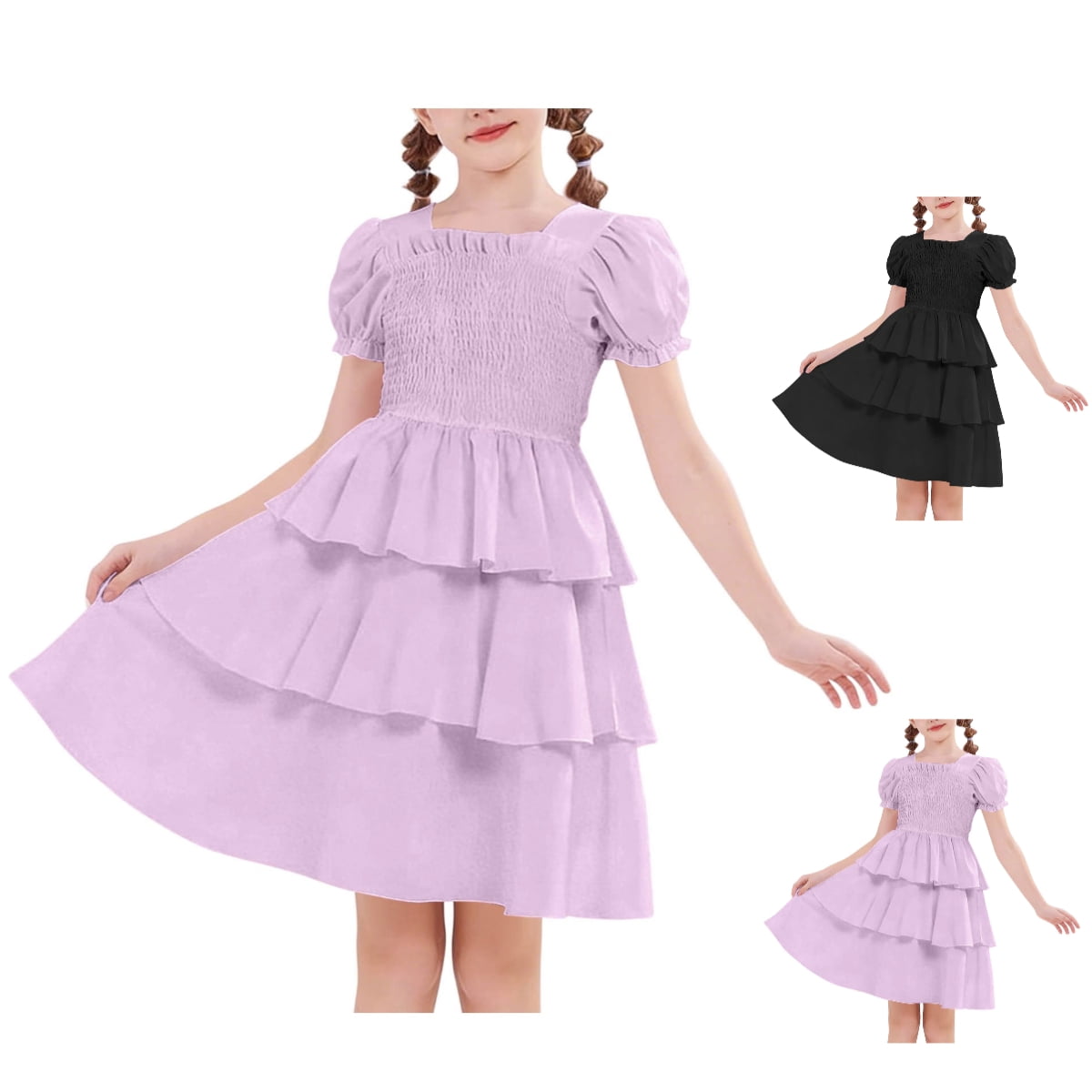 Afuyipoi Girls Casual Puff Sleeve Tiered Dress (5-13 Years) Summer ...