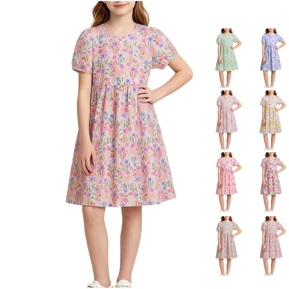 Afuyipoi Girls Casual Short Sleeve Floral Dress (5-15 Years) Summer ...
