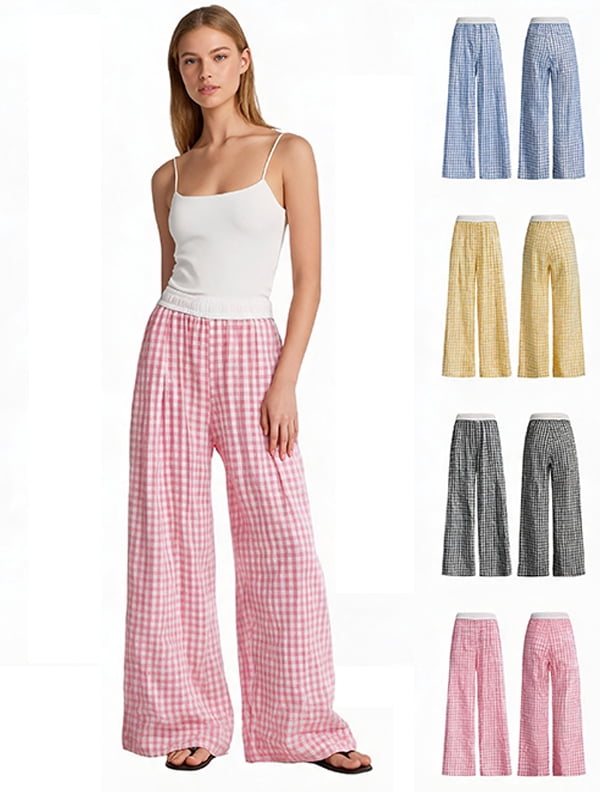 Afuyipoi Girls Cotton Casual Pants Size 1-13 Grid Elastic Waist Wide ...