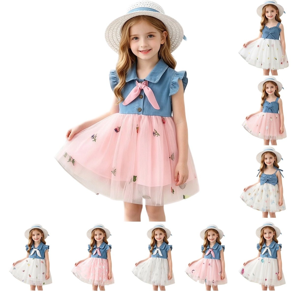 Afuyipoi Girls Denim Mesh Dress with Hat Size 6M-3T Sleeveless Floral ...