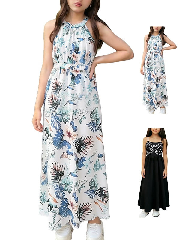 Afuyipoi Girls Print Irregular Vacation Dress (8-12 Years) Soft ...