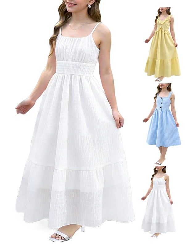 Afuyipoi Girls Round Neck Strap Dress (8-12 Years) Soft Breathable ...
