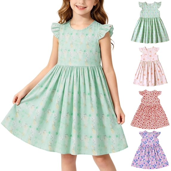 Afuyipoi Girls Ruffle Sleeve Dress Size 4-16Y Red Floral Print Cotton A ...