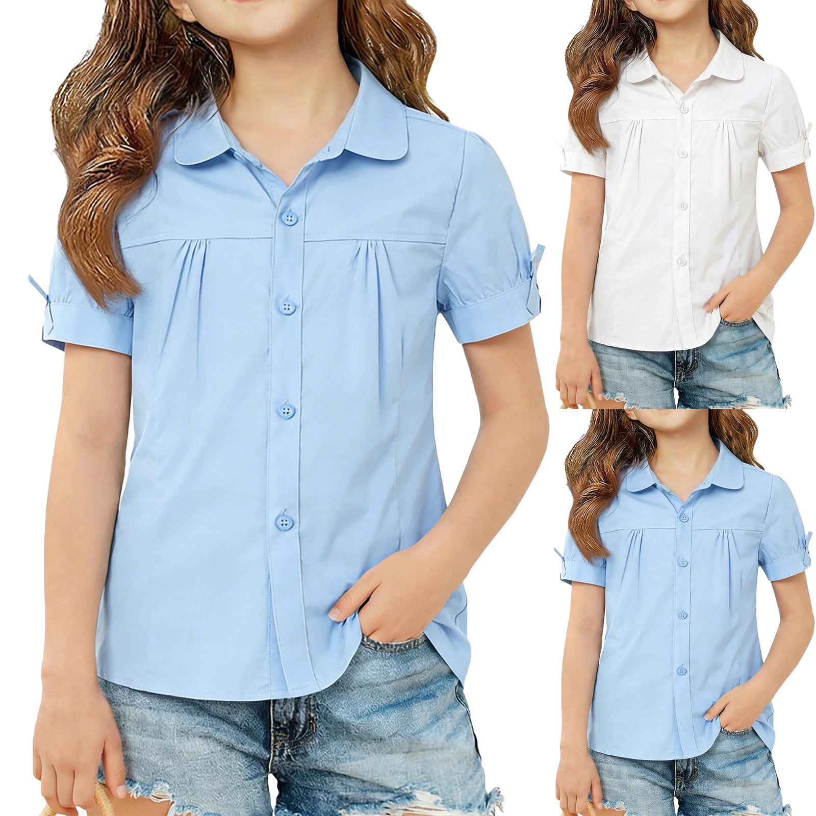 Afuyipoi Girls Short-Sleeve Button-Up Shirts Classic Collar Breathable ...