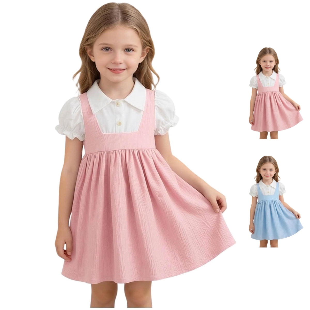 Afuyipoi Girls Solid Color Lapel Dress (2-7 Years) Summer Short Sleeve ...