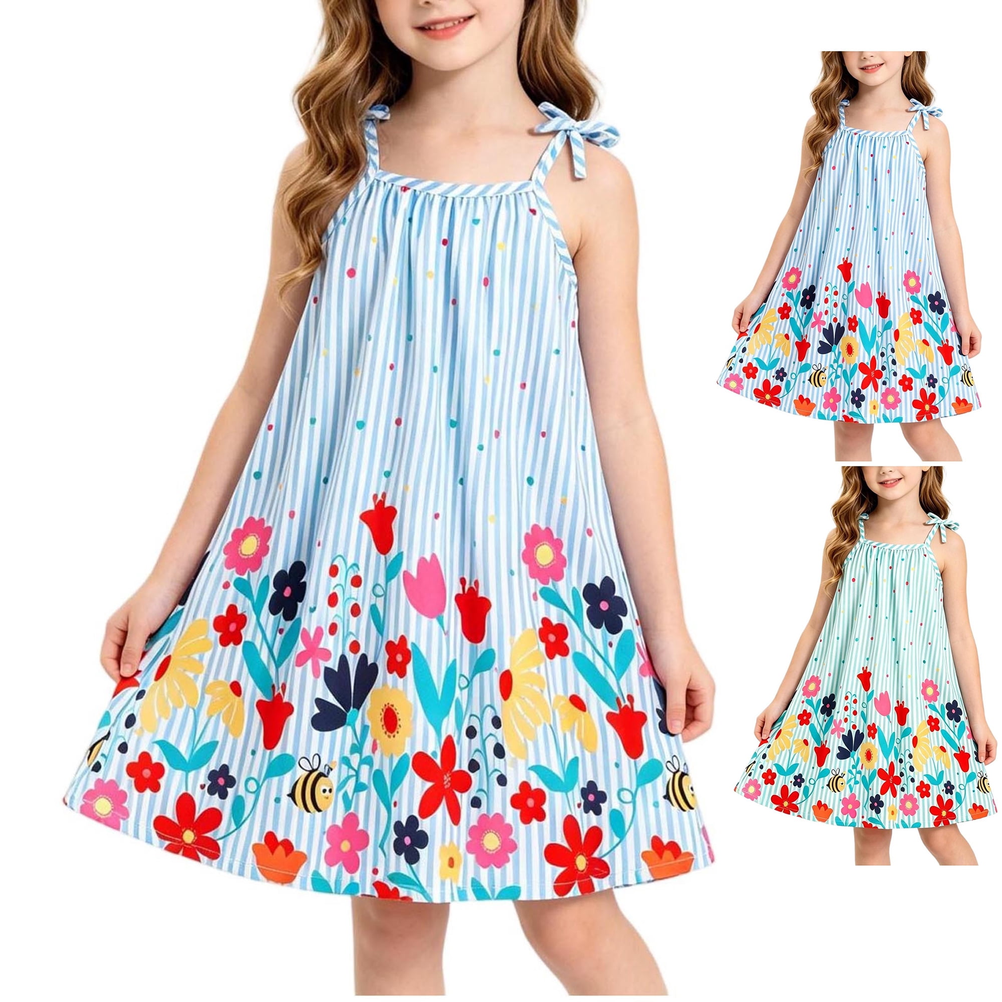 Afuyipoi Girls Strap Sundress Size 3-8Y Striped Bee Flower Print Casual ...