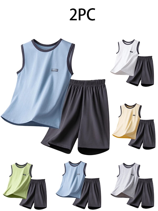 Afuyipoi Kids 2PC Tank Top Sport Sets (5-17 Years), Solid Color Round ...