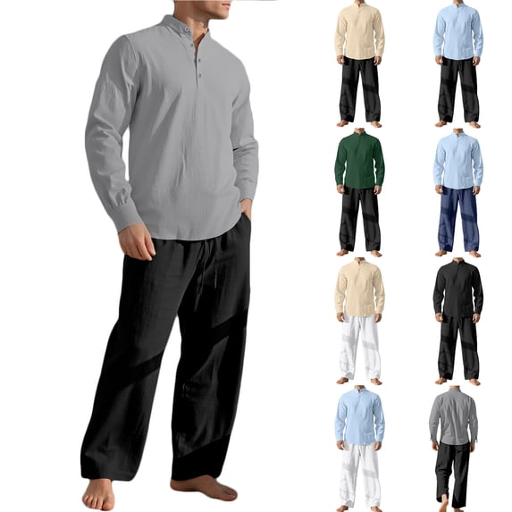 Afuyipoi Men Faux-Linen Outfit Sets, Lightweight with Pockets Long ...