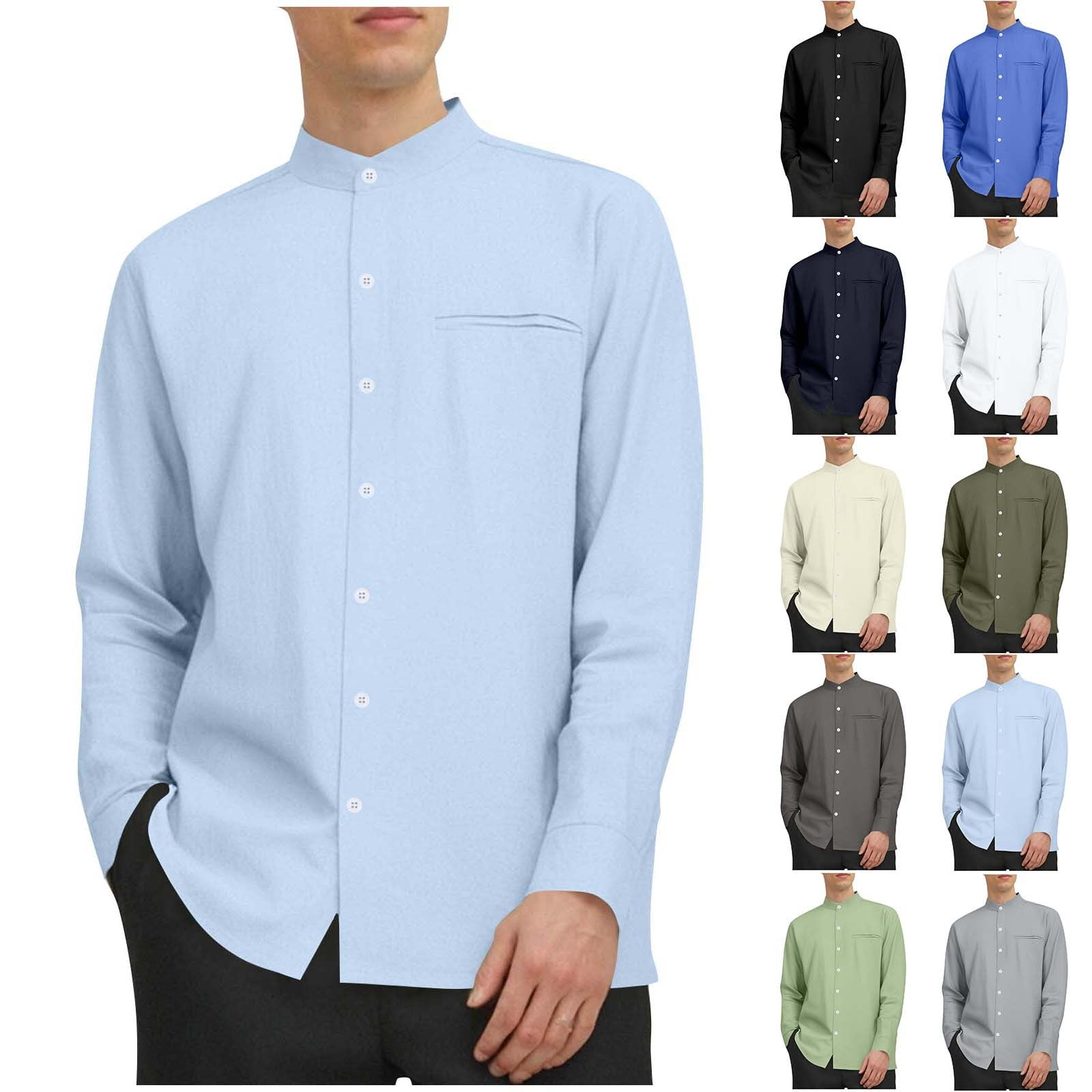 Afuyipoi Men Solid Button-Up Shirts,with Pocket Solid Color Regular Fit Dress Shirt Men Blue L ...
