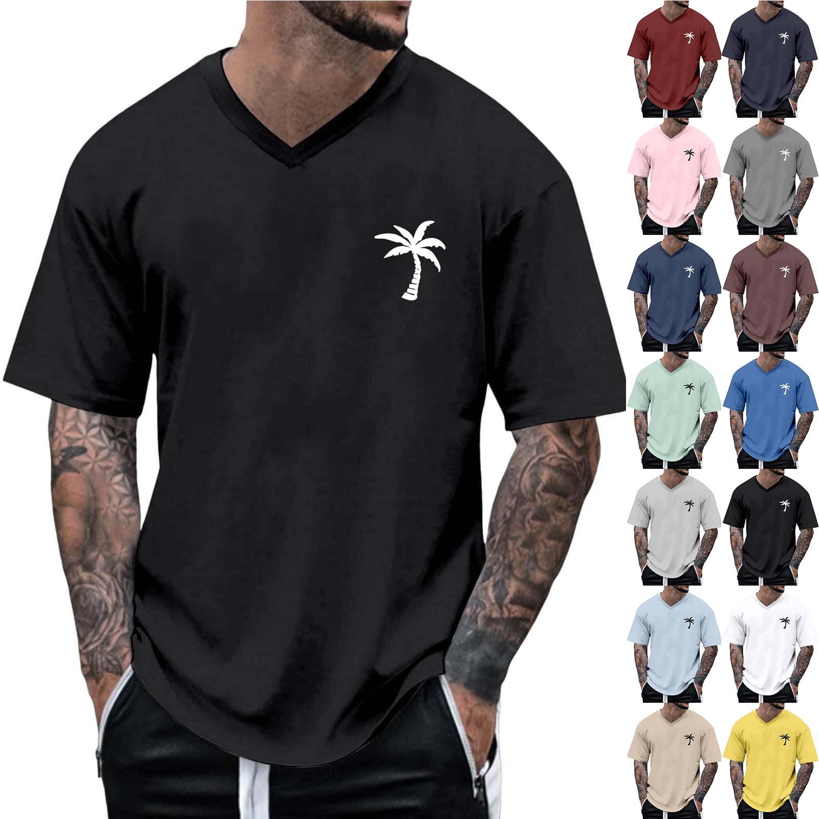 Afuyipoi Men's Coconut Tree Print T - Shirt, Drop - Shoulder V - Neck ...