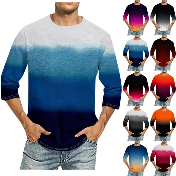 Afuyipoi Men's Gradient 3/4 Sleeve T-Shirt,Round Neck Moisture-Wicking ...