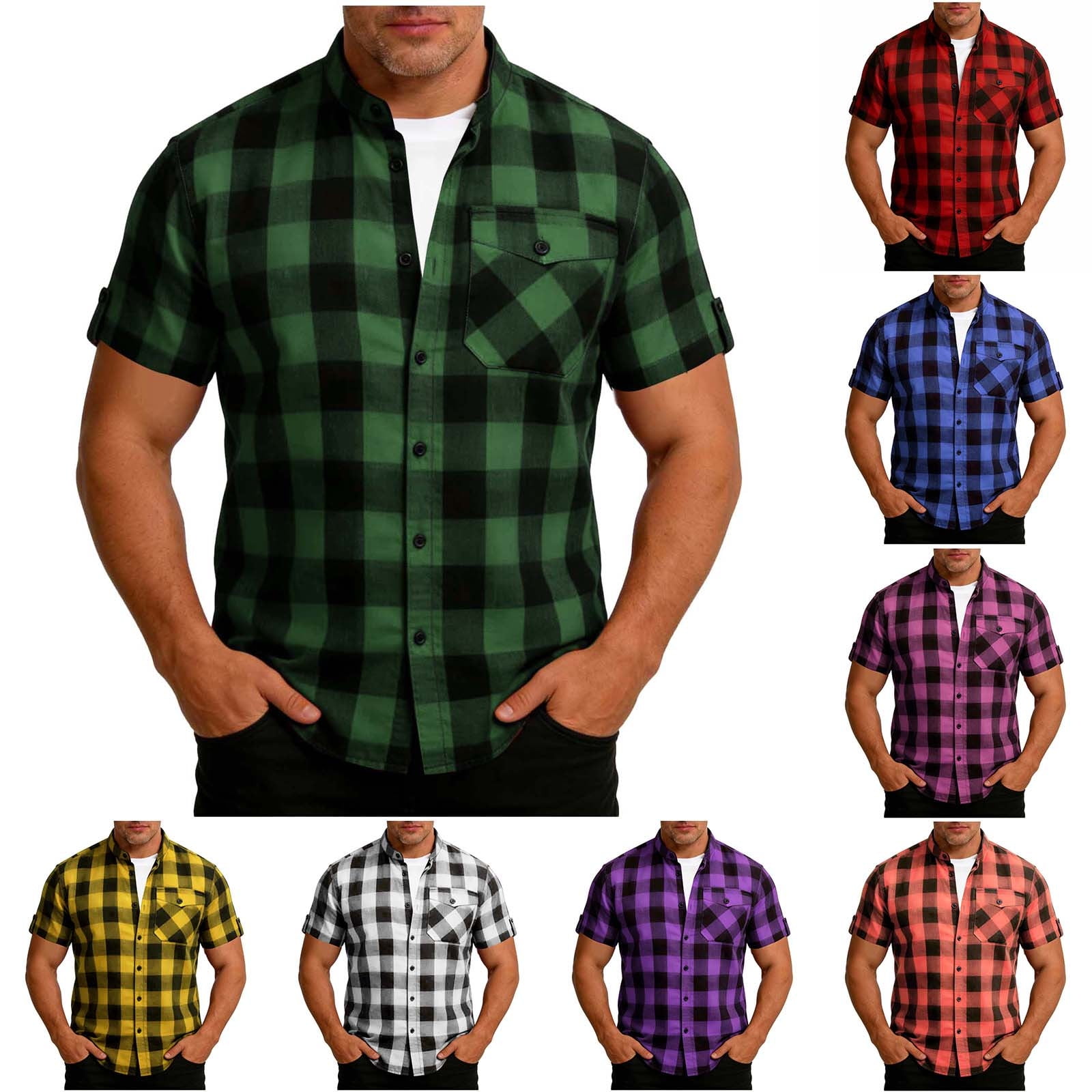Afuyipoi Men's Plaid Lapel Shirt, Patchwork Short-Sleeve Button-Front ...