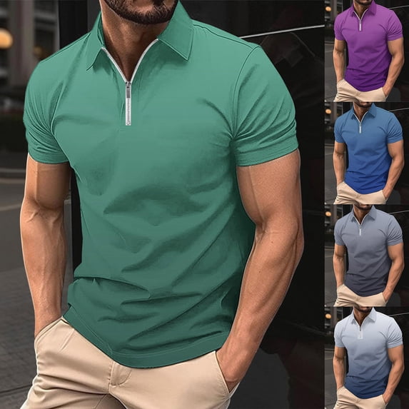 Afuyipoi Men's Printed Zip Shirt,Casual Button-Down Collar Short Sleeve ...