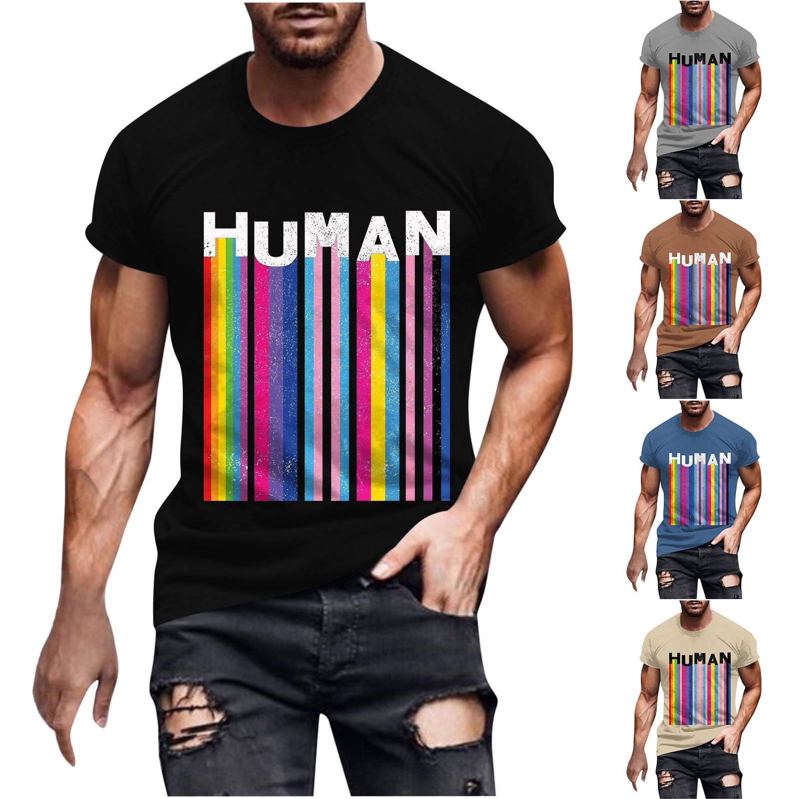 Afuyipoi Men's Stripe Workout Tee,Rainbow Lightweight Performance ...