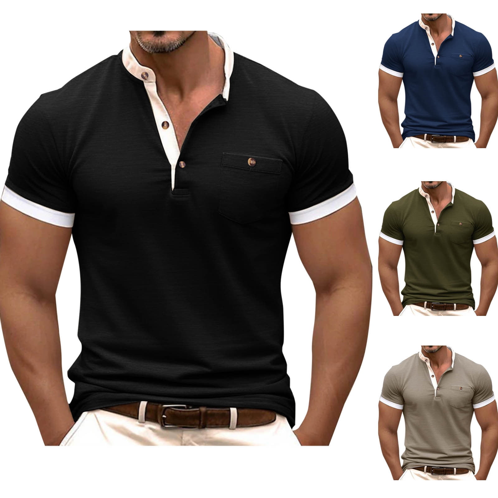 Afuyipoi Men's T - Shirt, Button Solid & Color Block Short Sleeve ...