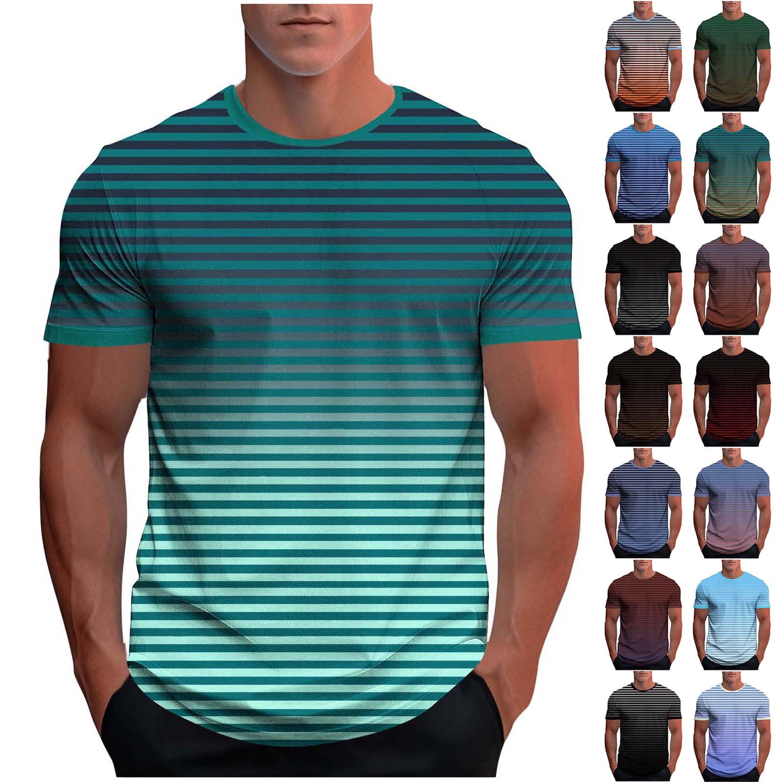 Afuyipoi Men's T-shirts Gradient-Stripe Print Sport Tee, Casual Short ...